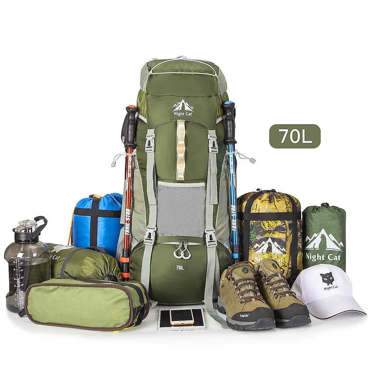 Night Cat Camping Backpacks 70L Hiking Backpack for Men Women Lightweight Waterproof Backpacking Cycling Traveling