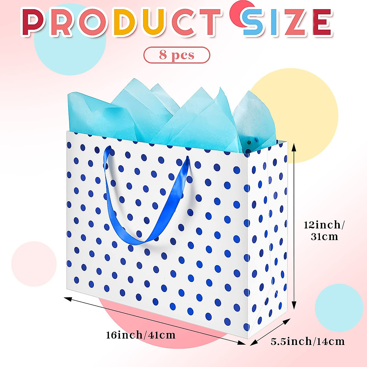 8 Pcs 16'' Extra Large Gift Bags Metallic Dots Present Bags with Handles and Paper for Wedding Holiday Birth Party (Colored)