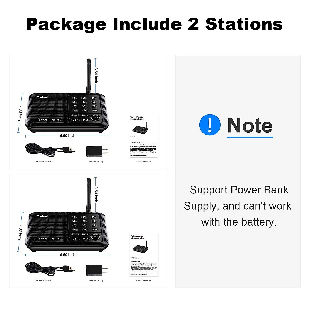 Wuloo Intercoms Wireless for Home 1 Mile (5280 Feet) Range 10 - Channel, Wireless Home Intercom System for House Business Office, Room to Room Intercom, Home Communication System (2 Packs, Black)