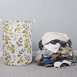 UUJOLY Collapsible Laundry Basket, Laundry Hamper with Handles Waterproof Round Cotton Linen Laundry Hamper Printing Household Organizer Basket, 19.7x15.7 inches, Yellow