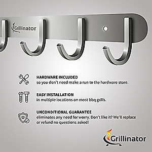 Grillinator BBQ Tool Rack - Polished Stainless Steel 6 Hook Storage for Grilling & Cooking Utensils - Easy to Install - Gas, Charcoal & Electric Grills - Indoor or Outdoor Use