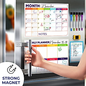Magnetic Dry Erase Whiteboard Calendar for Fridge Set of 3 - Includes: Monthly, Weekly & Daily Calendar Whiteboard, Grocery List, 5 Markers & Eraser - Perfect Calendar to Get Organized Every Day