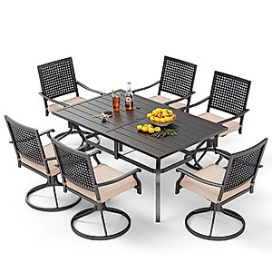 PHI VILLA Patio Dining Table Set for 6 Person Bistro Swivel Chairs with Cushion Contemporary Dining Table Outdoor Dining Set of 7 Pieces Conversation Set Patio Furniture for Outdoor Garden,Yard