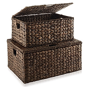 Casafield Set of 2 Water Hyacinth Rectangular Storage Baskets with Lids (Medium/Large), Multipurpose Decorative Shelf Organization Totes for Bedroom, Bathroom, Laundry, Home Office