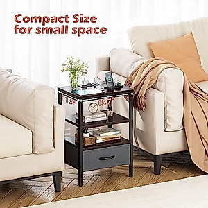 SUPERJARE Nightstand with Charging Station, Bed Side Table with Adjustable Fabric Drawer, Night Stand for Bedroom, 3-Tier Storage End Table, for Living Room - Walnut