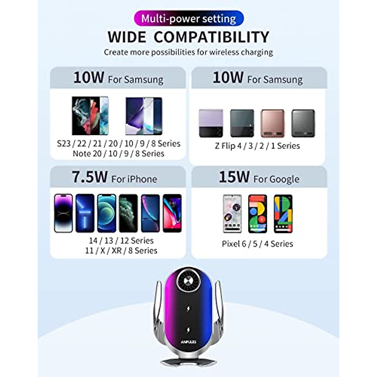 MAKAQI Wireless Car Charger, Cooling Fan Cup Holder Phone Mount Wireless Charger for Tesla, Smart Sensor Clamping Car Charger Mount for iPhone 14 13 12 Pro Max 11 10 8, Samsung Galaxy S23 S22 Flip4 3