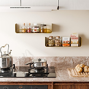 YEMNMFH 16 Inch Gold Floating Shelves Set of 2, Modern Iron Bathroom Shelves with Guardrail, U-Shaped Wall Mounted Shelf for Home Decor & Organizer, Display Shelf for Bathroom,Kitchen,Bedroom&Any Room