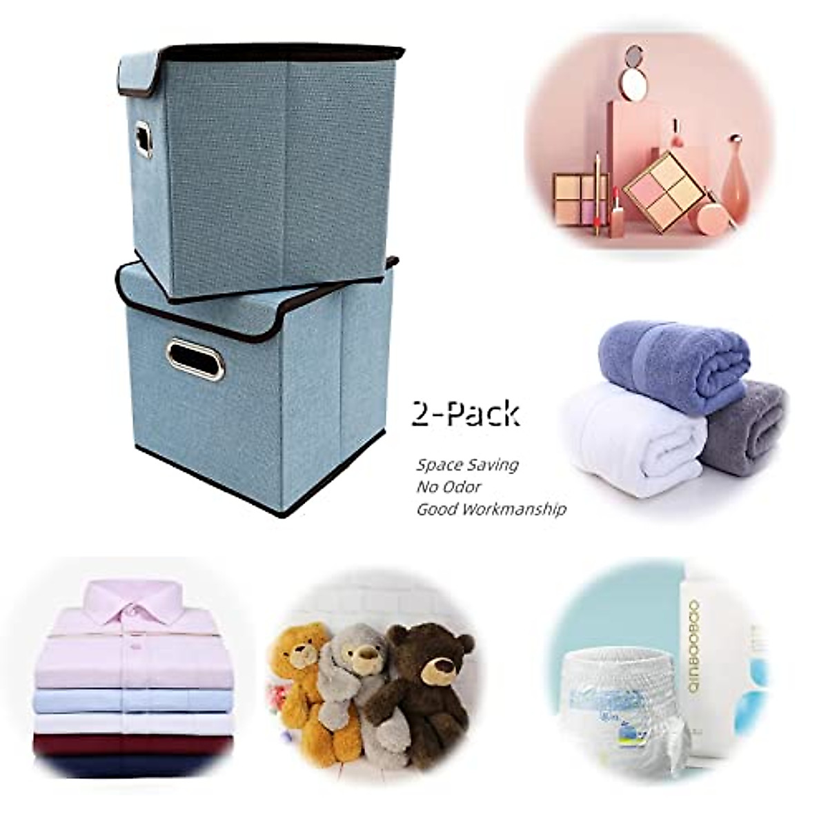 Foldable Cube Storage Bin with Lid, Set of 2, Collapsible Storage Basket with Lid ,25 CM x 25 CM, Boho Basket , Nursery Storage Bin, Cube Storage Baskets for Living Room Home Bedroom Closet Office Blue