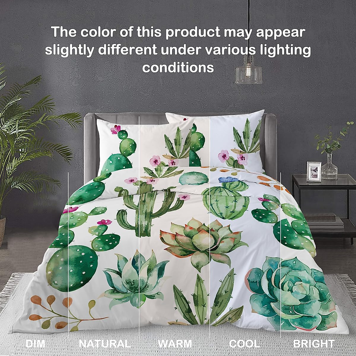 ARIGHTEX Bright Cactus Pattern Bedding Set Green Plants Cactus Print 3 Pieces Duvet Cover Set Nature Art Prints Decor Collection (Queen)