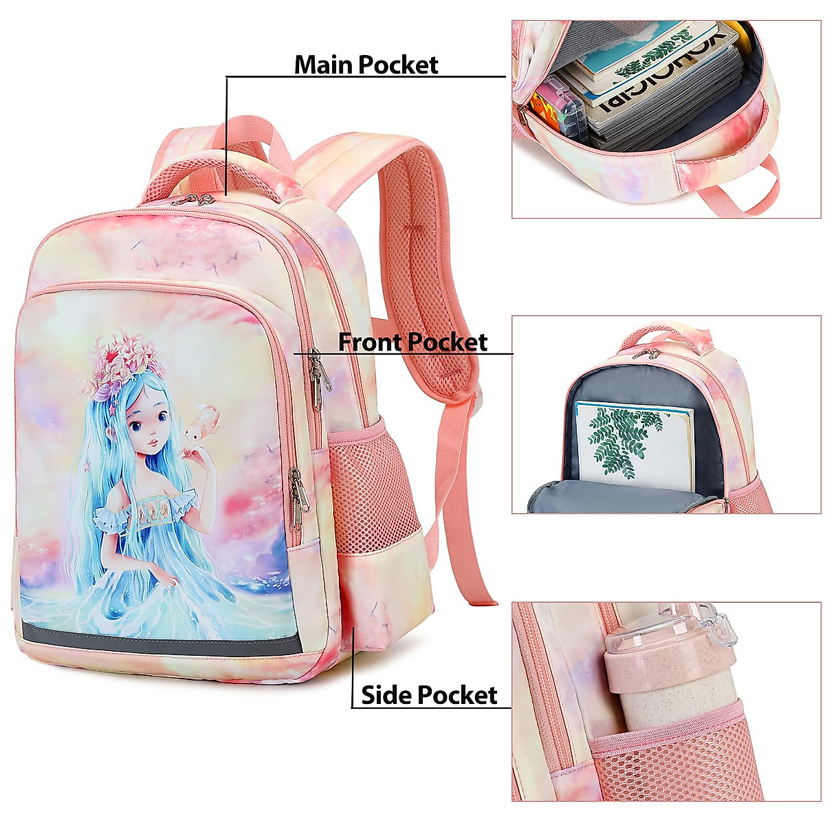 Princess Backpack For Girls,Kids School Backpack Kindergarten Book Bag Set With Lunch Box (Green-Princess)