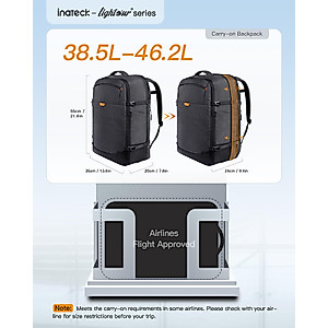 Inateck 38.5-46.2L Travel Backpack, Expandable Carry On Backpack, Splash-resistant Hand Luggage for Men and Women, Trolley Strap Included, Compatible with 12.9 Inch iPad and 17.3 Inch Laptop