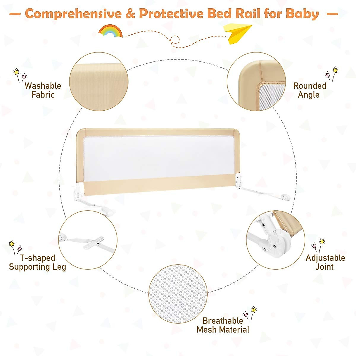 Costzon Bed Rail for Toddlers, 2 PCS Extra Long Swing Down Safety Bed Guards w/Straps for Convertible Crib, Kids Twin, Double, Full Size, Queen & King Bed, Folding Bed Rails for Baby (59-Inch, Beige)