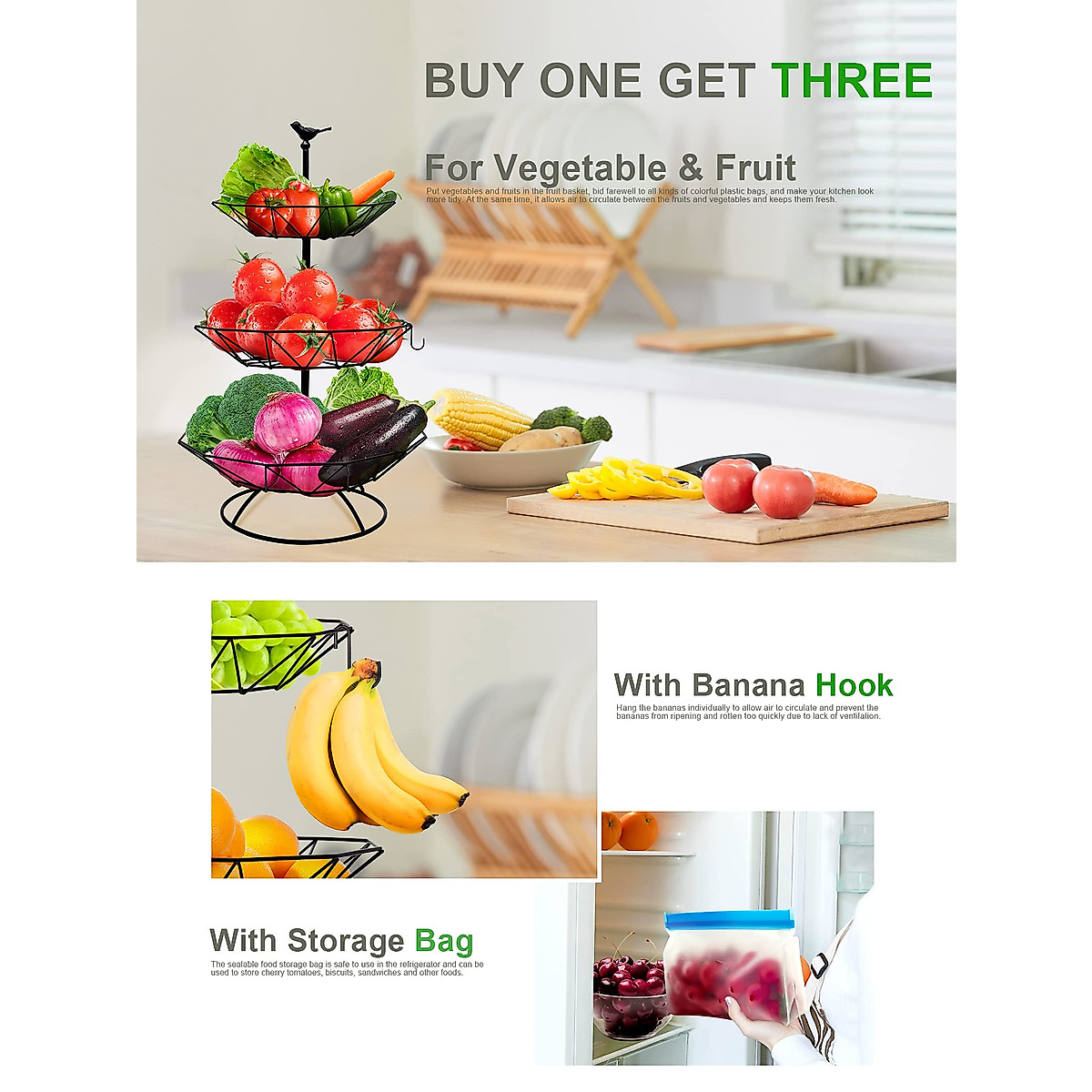 Homlab Fruit Basket for Kitchen-Countertop Detachable Vegetables-Storage 3-Tier Fruit Bowl for Counter Fruit Holder Metal Banana Holder Organizer with Banana Hanger & Reusable Storage Bag(Black)