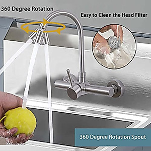 Wall Mount Unility Kitchen Sink Faucet Brushed 8 Inch Center Faucet with Gooseneck Swivel Spout Single Handle Kitchen Faucet Utility Laundry Restaurant Mixer Tap Stainless Steel Constructed Lead-Free