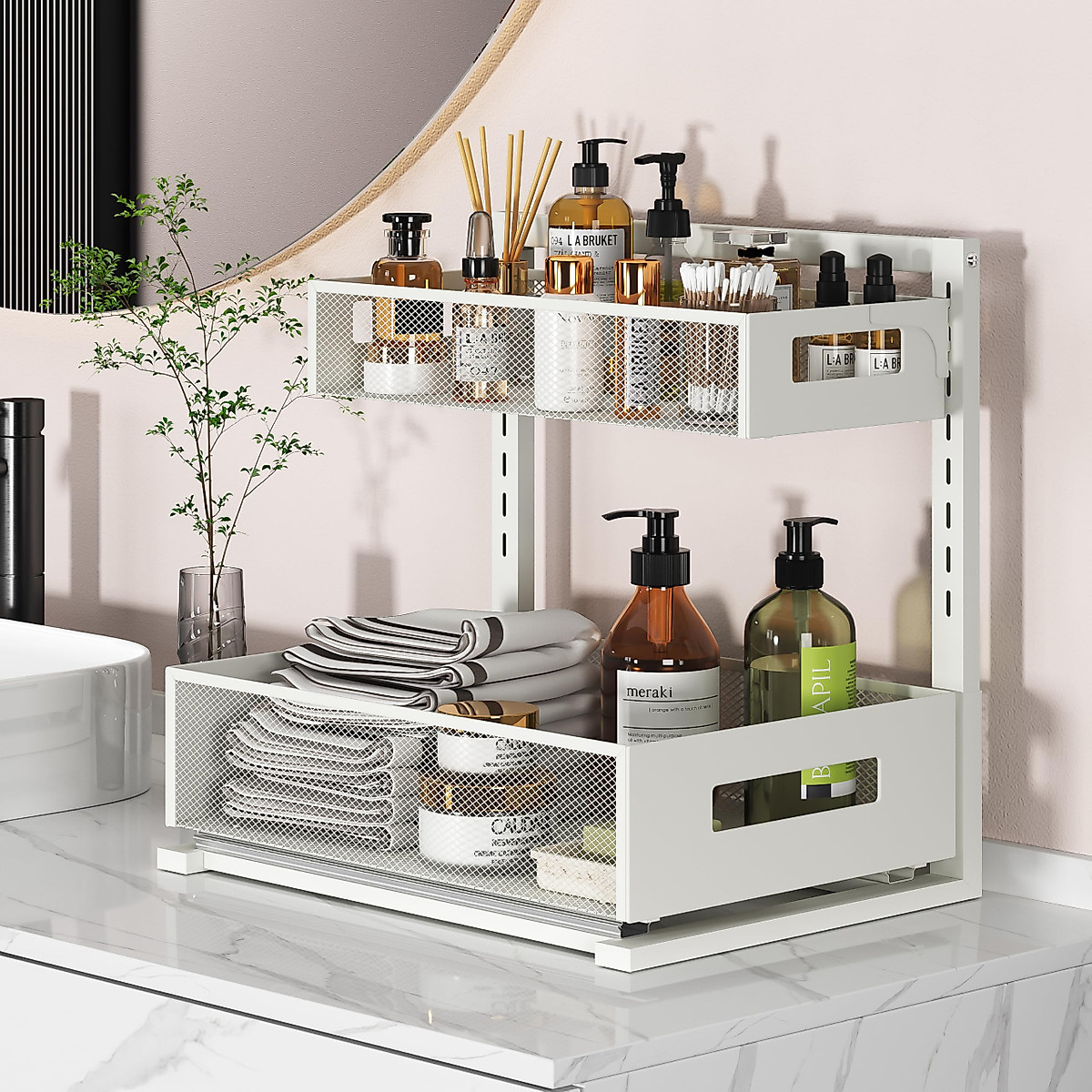 Cegkanenx Organizer and Storage for Kitchen, Bathroom, Under Sink, Upgraded Guide Rail Design Smoothly Pulls Out Cabinet Organizer and Slides Out Sink Shelf Cabinet Storage Shelves White XL