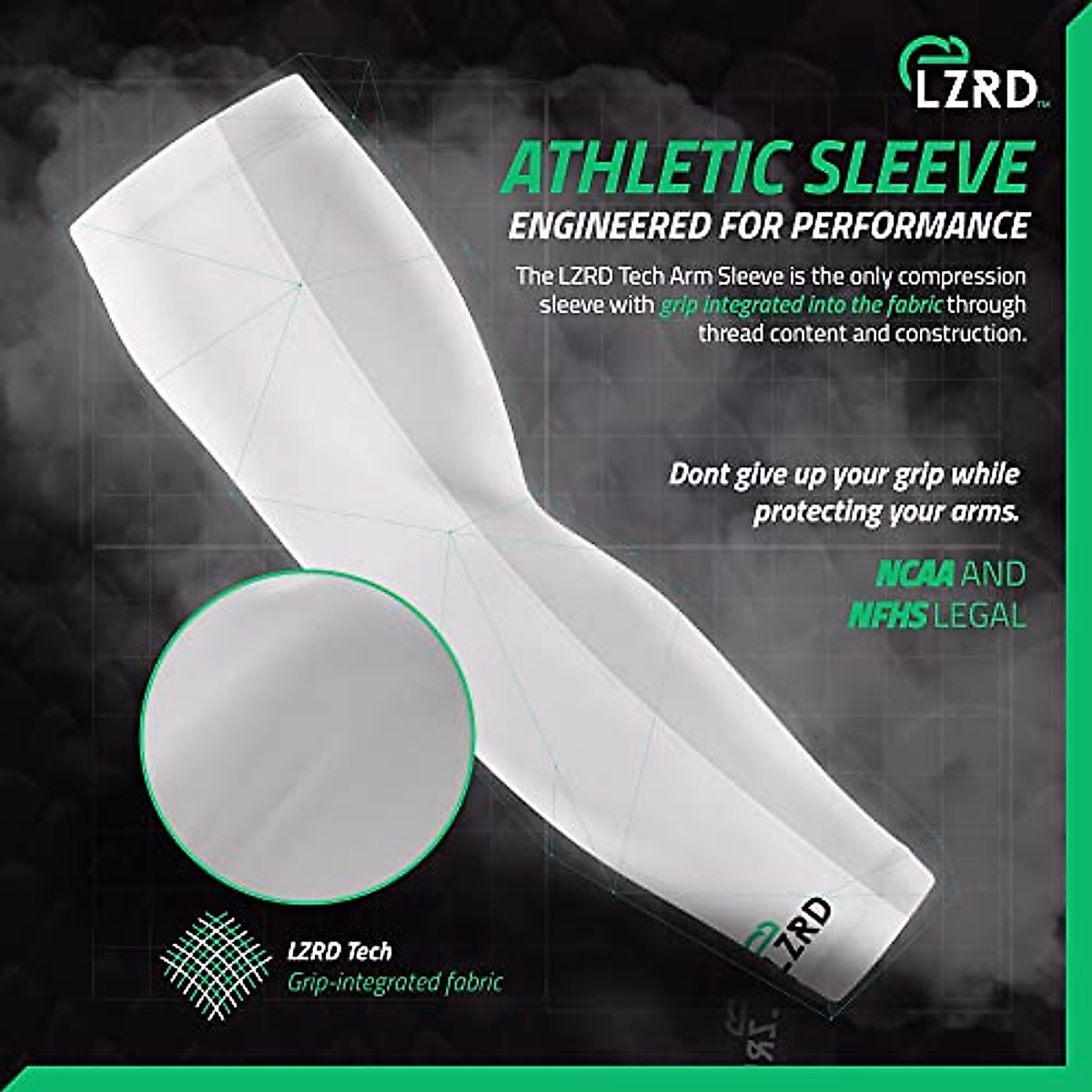 LZRD TECH Football Sleeve - Max Grip Compression Arm Sleeve with Moisture Wicking Fabric, Protection from Turf Burns & Scrapes - NCAA Legal UV Protection Sleeves - Youth Medium, White