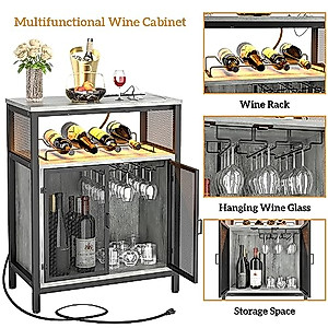 Unikito Wine Bar Cabinet with RGB Light and Outlet, FreeStanding Wine Rack Table, Liquor Cabinet with Glass Holder, Floor Bar Cabinet for Liquor and Glasses for Home Kitchen Dining Room, White Oak