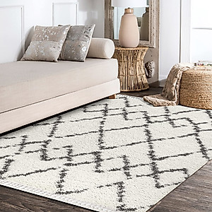 JONATHAN Y MCR102B-8 Mercer Shag Plush Tassel Moroccan Tribal Trellis Geometric Indoor Area-Rug Bohemian Contemporary Easy-Cleaning Bedroom Kitchen Living Room, 8 X 10, Cream/Grey