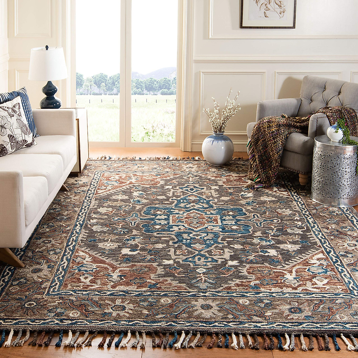SAFAVIEH Aspen Collection Area Rug - 9' x 12', Charcoal & Light Brown, Handmade Boho Braided Tassel Wool, Ideal for High Traffic Areas in Living Room, Bedroom (APN112A)