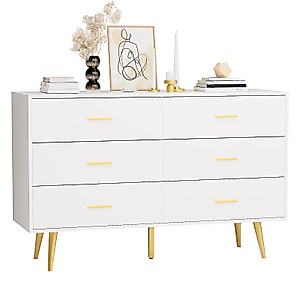 RESOM White Dresser for Bedroom, 6 Drawer Wooden Double Dresser with Gold Handles, Modern Chest of Storage Dresser with Deep Drawers for Living Room, Hallway