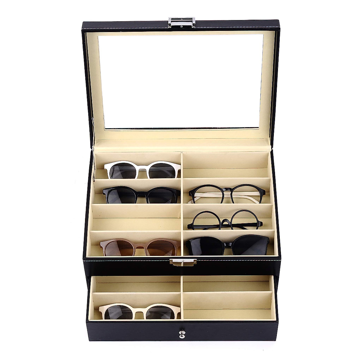 Siveit 16 Slot Sunglass Organizer Leather Eyeglasses Collector Eyewear Display Case Storage Box, Black