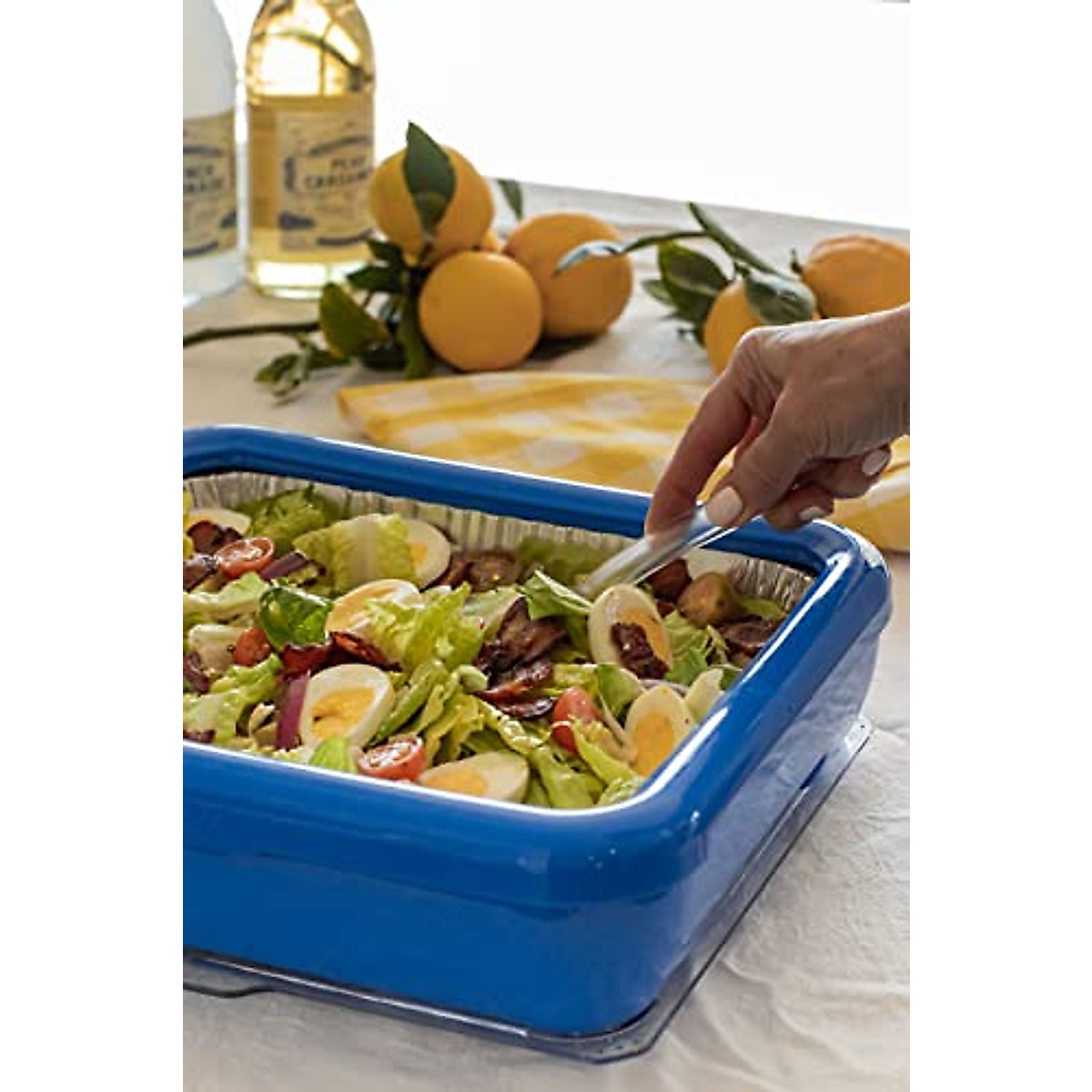Fancy Panz Premium Dress Up & Protect Your Foil Pan, Made in USA. Hot/Cold Gel Pack, One Half Sized Foil Pan & Serving Spoon Included. Stackable for easy travel. (Denim Blue)