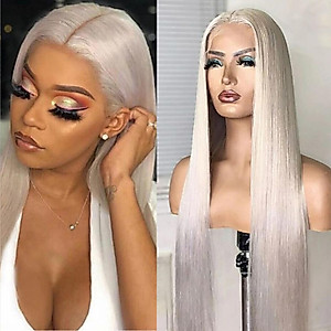 Missyvan White Hair Color 13 * 4 Lace Front Wig Glueless Long Straight Hair Wigs Platinum White Heat Resistant Fiber Hair Synthetic Lace Front Wigs for Fashion Women 28Inches