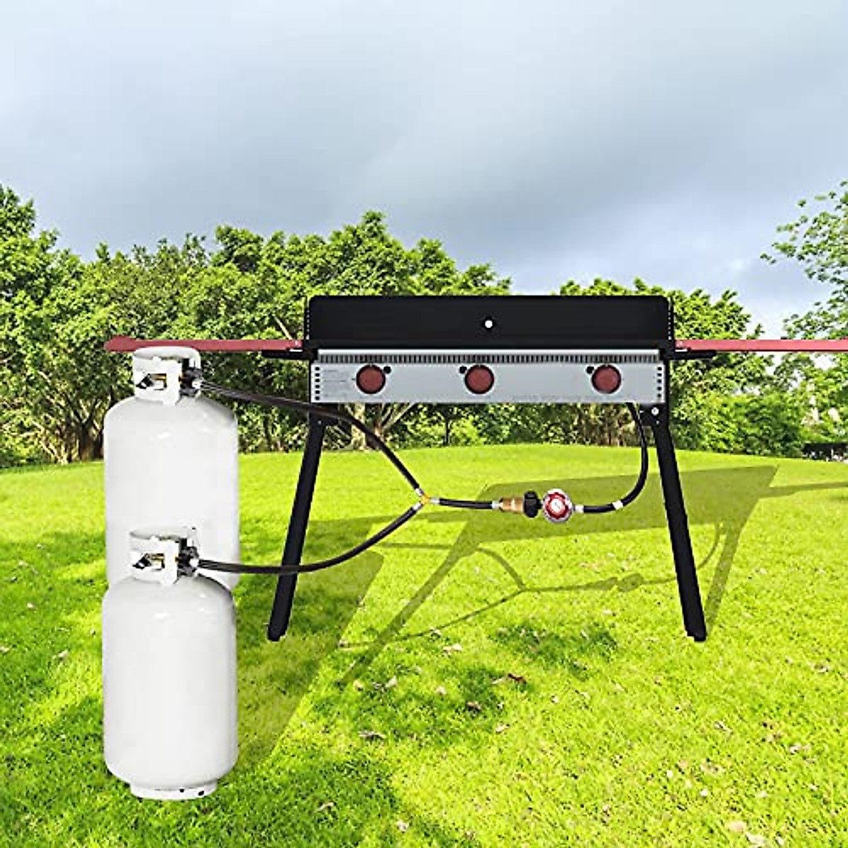 MOFLAME Y-Splitter Propane Tank Converter Adapter Hose,Conversion 5lb-100lb Lp 2 Way Tanks Hook Up to Camping Grill Stove, Firepit,Fireplace and Propane Appliance-POL Male Valve to POL/QCC1 Regulator