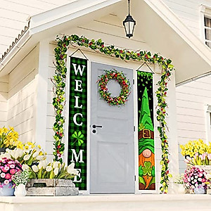 FARMNALL St Patricks Day Porch Banner Green Buffalo Plaid Gnome Front Door Sign Shamrock Four Leaf Lucky Clover Wall Hanging Decorations and Supplies for Home Office Farmhouse Holiday Decor