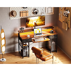 ODK Computer Desk with LED Lights & Power Outlet, 48 Inch Gaming Desk with Keyboard Tray & Drawers & Storage Shelves, Office Table Work Desk with Monitor Stand & PC Stand, Rustic Brown