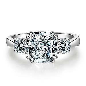 Classic Three Stone Cushion Cut Solitaire Engagement Ring Square Sterling Silver Anniversary Bridal Ring (Silver, 7)