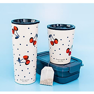 Kate Spade New York Small Insulated Coffee Cup with Lid, Double Walled Stainless Steel Mug, 12oz Coffee Tumbler, Vintage Cherry Dot