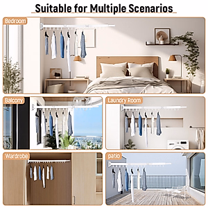 Yhaofu Clothes Drying Rack, Upgraded Dual-Directional Hooks Wall Mounted Clothes Drying Rack – Tri-Fold Retractable & Collapsible Laundry Hanger, Adjustable White Clothes Rack for Home & Apartment