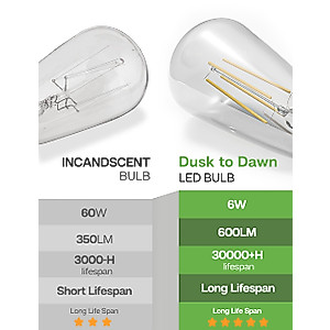 Dusk to Dawn Light Bulbs LED Edison, 60W Equivalent Outdoor Lighting, Soft White 2700K, E26 Base, Light Sensing, ST58 Vintage Style, 600LM, Extra Bright Automatic Bulb for Porch Patio Garage, 4 Pack