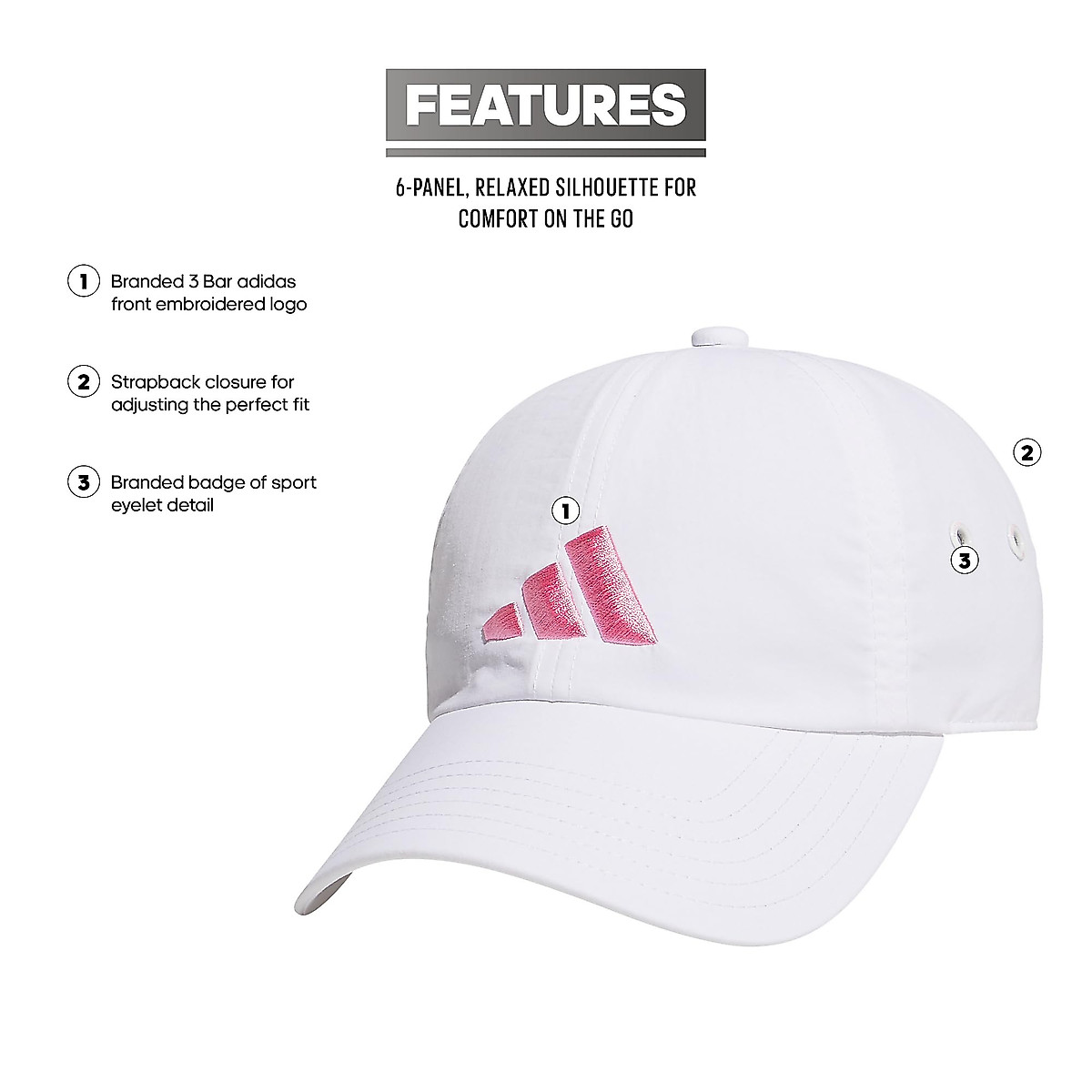 adidas Women's Influencer 3 Relaxed Strapback Adjustable Fit Hat, White/Bliss Pink, One Size