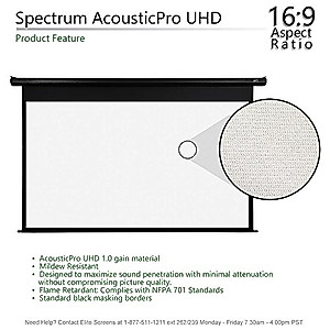 Elite Screens Spectrum AcousticPro UHD Series 125-inch Motorized Projector Screen Electric Projection screen, 16:9 4K ultra HD ready and moire-free wall ceiling installations Electric125H-AUHD
