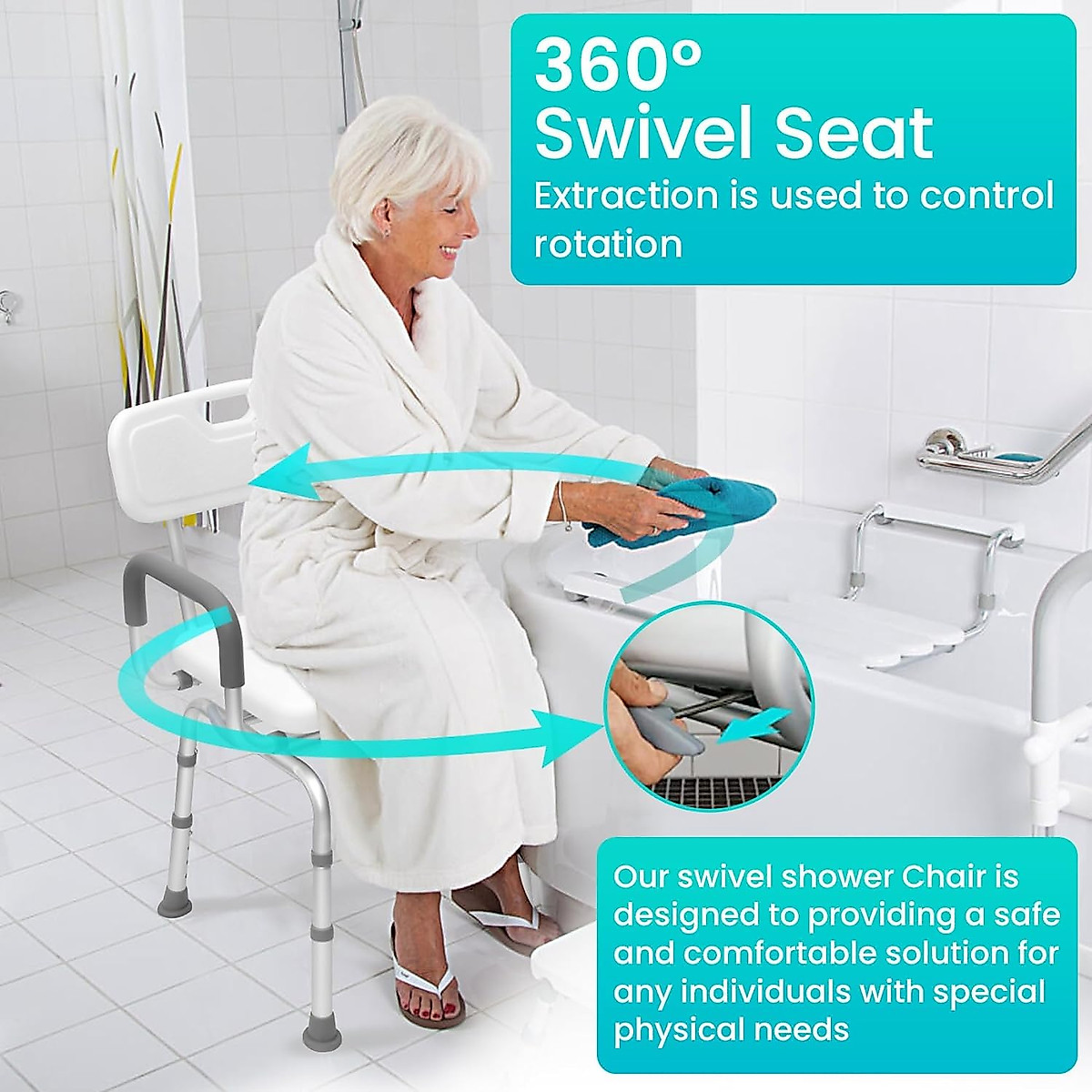 360 ° Swivel Shower Chair,Swivel Seat Shower Stool,Portable Shower Chair with Adjustable Height,Shower Chair with Arms and Back,for Elderly,Handicap & Seniors up to 340LBS (360 ° Swivel)