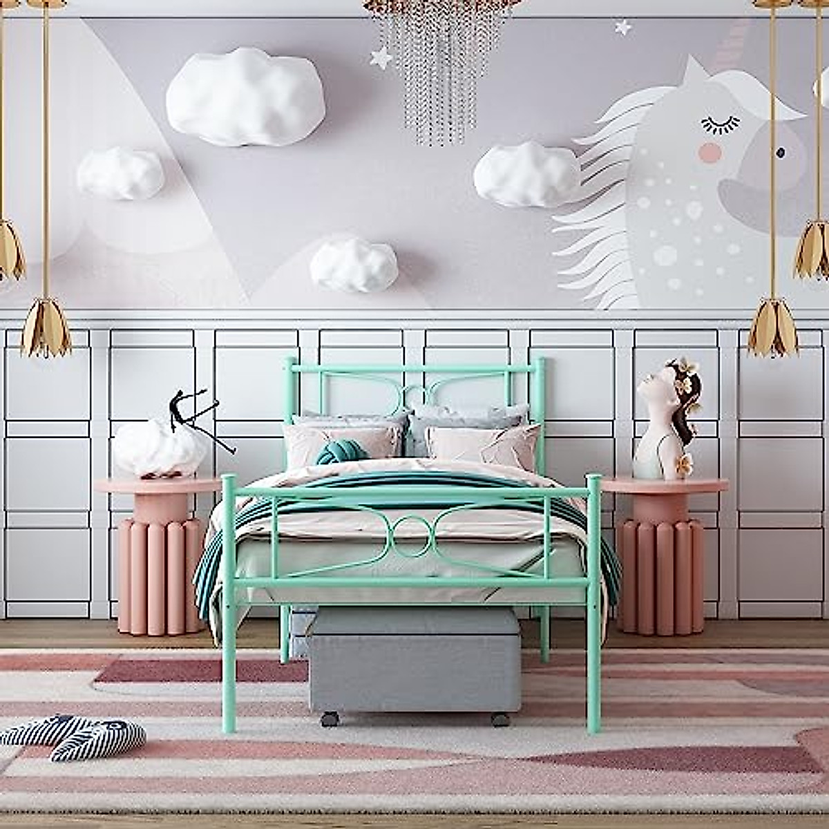 Twin Bed Frames with Storage for Girls Twin Beds for K'ids Metal Platform Bed Frame/Mattress Foundation/No Box Spring Needed/Steel Slat Support, Green