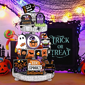 Umigy 15 Pcs Halloween Tiered Tray Decor Set Cute Halloween Wooden Signs Farmhouse Rustic Tiered Tray Decoration Items for Home Table House Room Kitchen Party (Ghost)