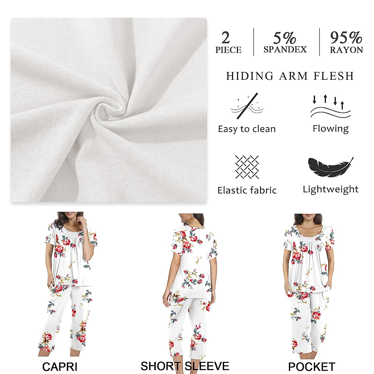 POPYOUNG Womens Pajama Sets Summer Ladies Pjs 2 Piece Loungewear Capri with Pockets Sleepwear L, Floral White
