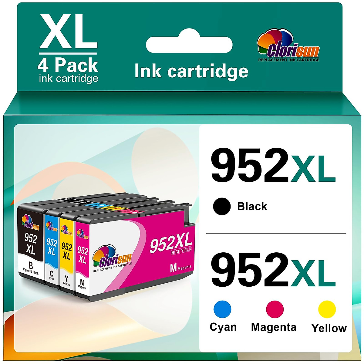 Clorisun 952 952XL Ink Cartridge Combo Pack Replacement for HP OfficeJet Pro 8710 7740 8720 8715 8210 8740 8702 7720 8725 8700 8730 Printer Ink (Black, Cyan, Magenta, Yellow, 4-Pack)