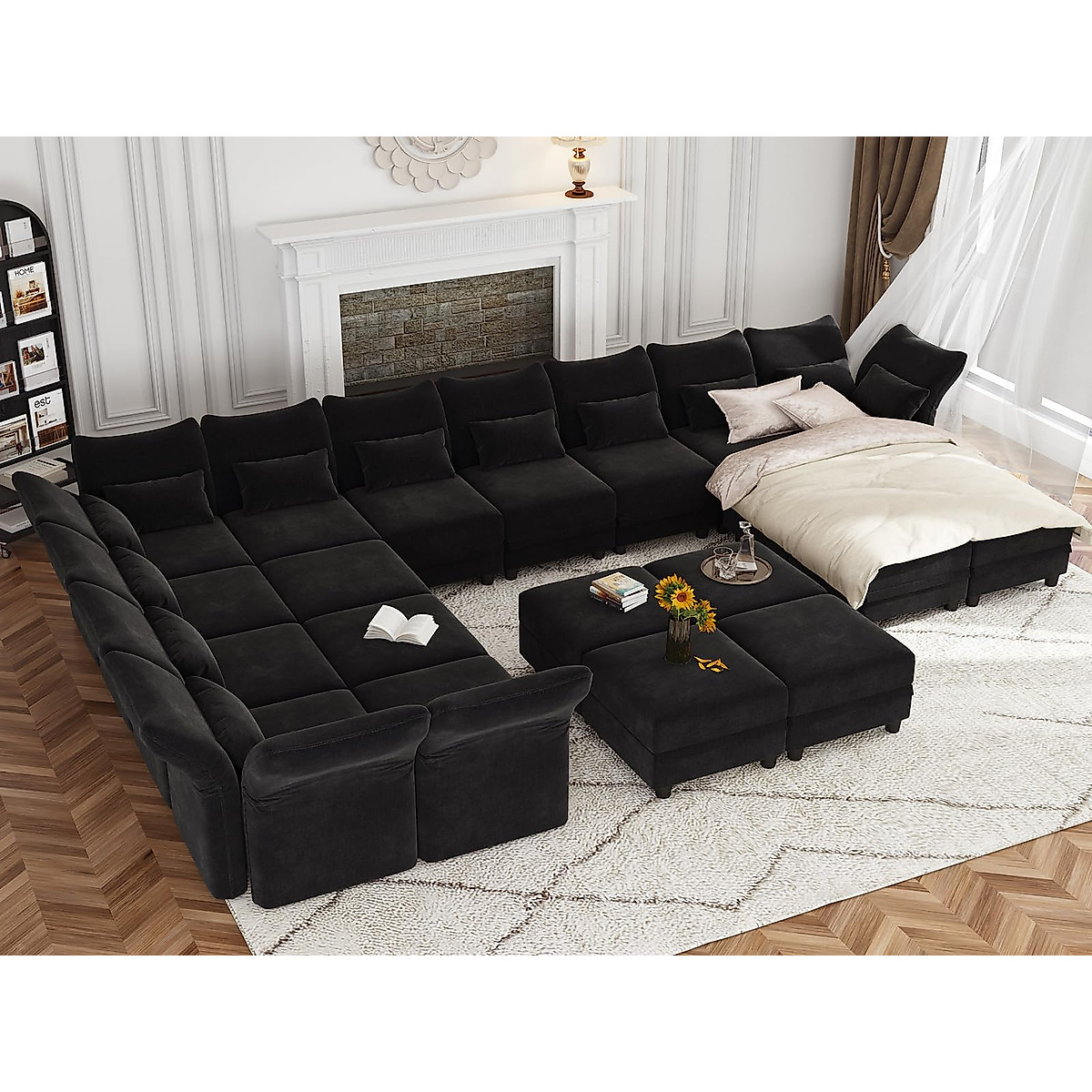 LLappuil Oversized Sleeper Sectional Sofa with Storage 21 Seater Modern U Shaped Modular Sectional Couches for Living Room, Adjustable Armrest Backrest, Chenille, Black