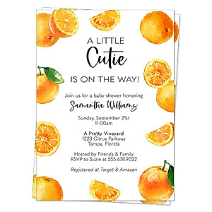 Baby Shower Invitation Oranges Cuties Citrus Tangerine Tropical Lil Cutie Little Summer Unisex Sprinkle Customized and Printed Personalized Cards (12 Count)