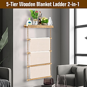 Grenfield Blanket Ladder Wooden 5-Tier, 2-in-1 Towel Racks & Blanket Ladders Quilt Rack Towel Holder Rack Ladder Shelves Decorative Ladder for Living Room Bedroom Bathroom Home Decor