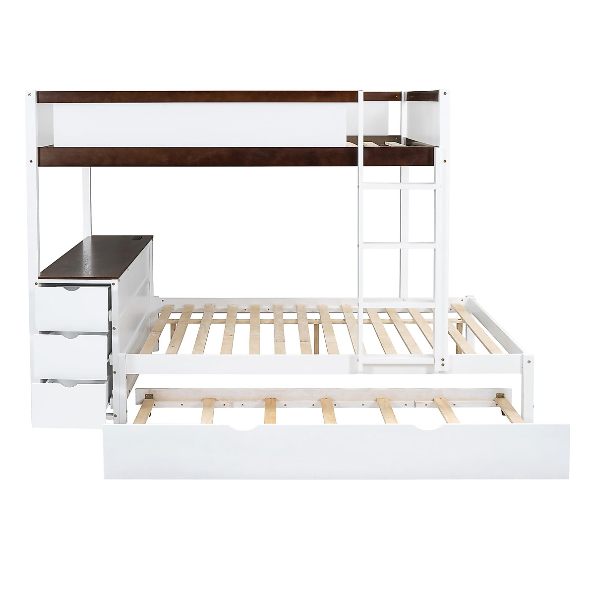 Harper & Bright Designs Full Over Full Bunk Bed Twin Size Trundle, Wood Full Bunk Bed with USB Ports, Storage and Desk, White+Walnut