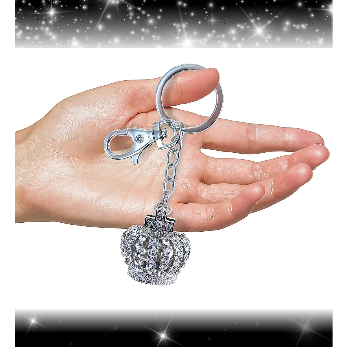 Aqua 79 Sparkly Crown Keychain Charm - Silver 3D Rhinestone Keychain for Women and Men, Metal Alloy Crystal Keychain, Fashionable Keychain Accessory, Bling Keychain for Your Crystal Pouch - 1.6 inch