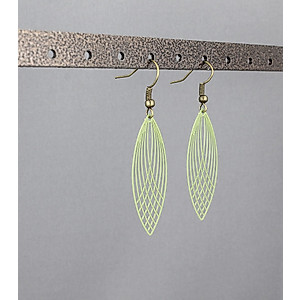 Olive Green earrings teardrop dangle lightweight oval filigree 2 1/4 inches long painted very lightweight