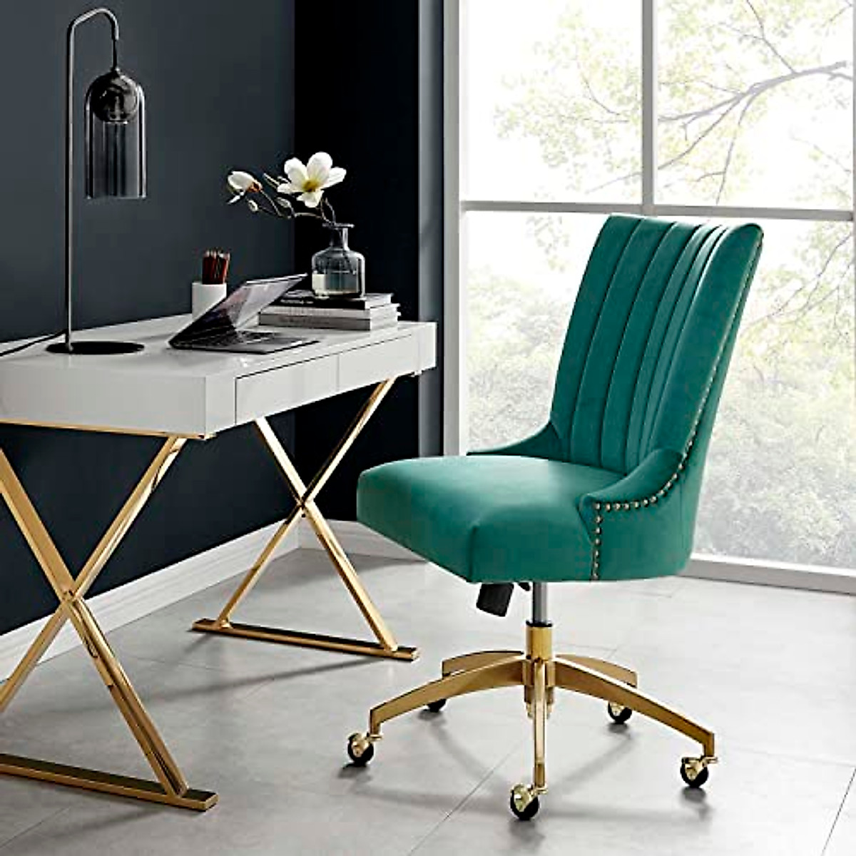 Modway Empower Channel Tufted Performance Velvet Office Chair in Gold Teal