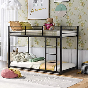 Twin Over Twin Metal Bunk Bed, Low Bunk Bed with Ladder for Kids,Toddlers,Teens,No Box Spring Needed， Black