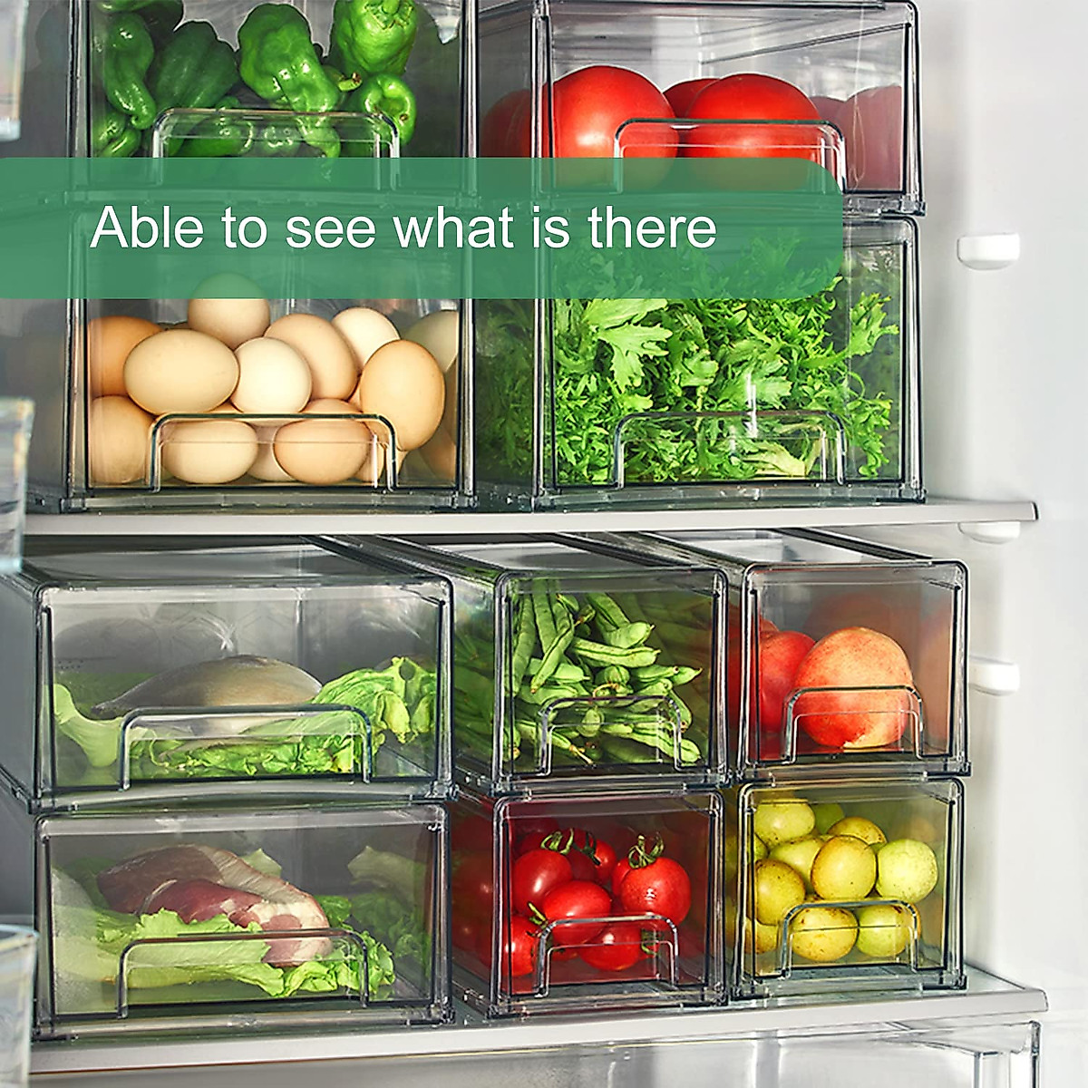 Yatmung 2 Pack | Large - Stackable Fridge Drawers - Clear drawer pull out refrigerator organizer bins - Food, Pantry, Freezer, Plastic kitchen organizing - Fridge organization and storage containers